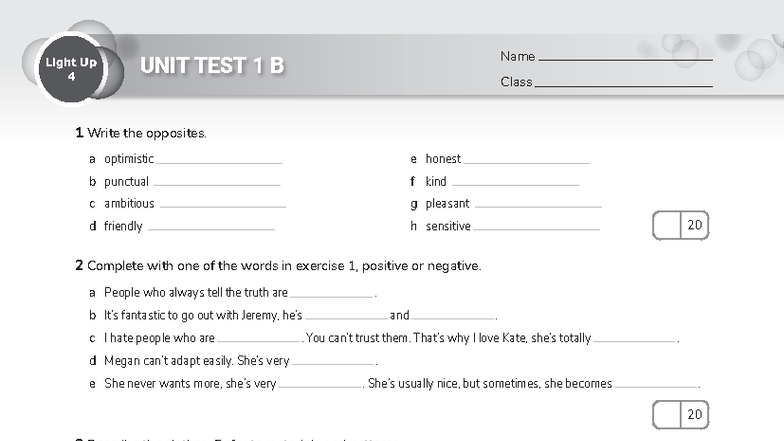 Light Up 4 B - UNIT TEST 1 to 5 Review and Exercises - Studocu