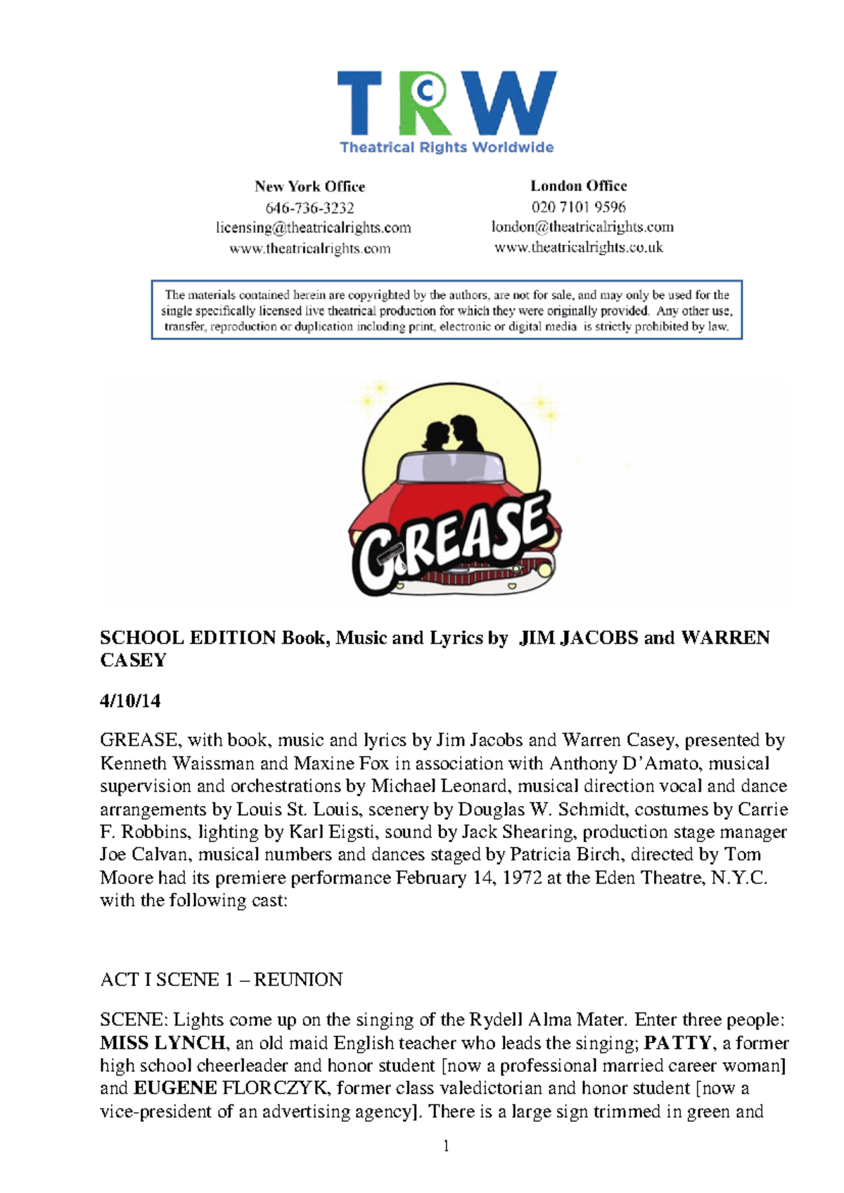 Grease (SCHOOL EDITION) Cast Script - Final Version - Studocu