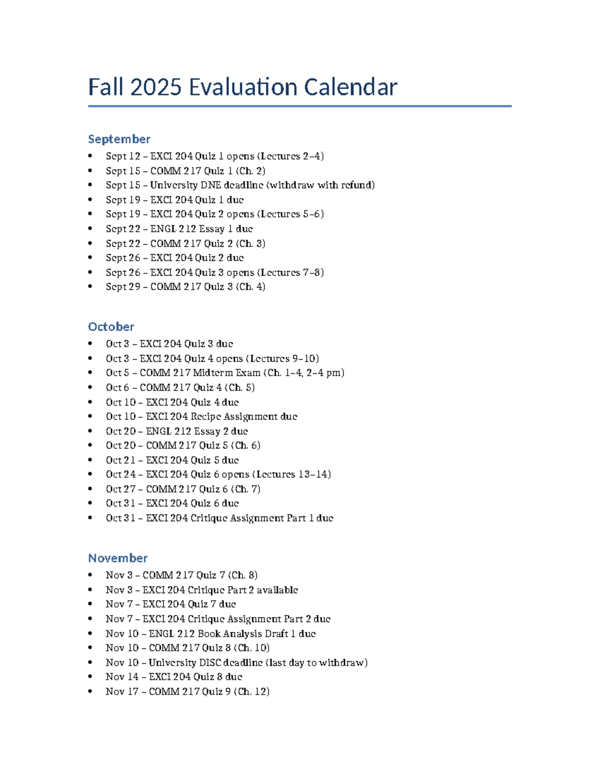 Fall 2025 Evaluation Calendar: EXCI 204 & COMM 217 Quizzes and ...