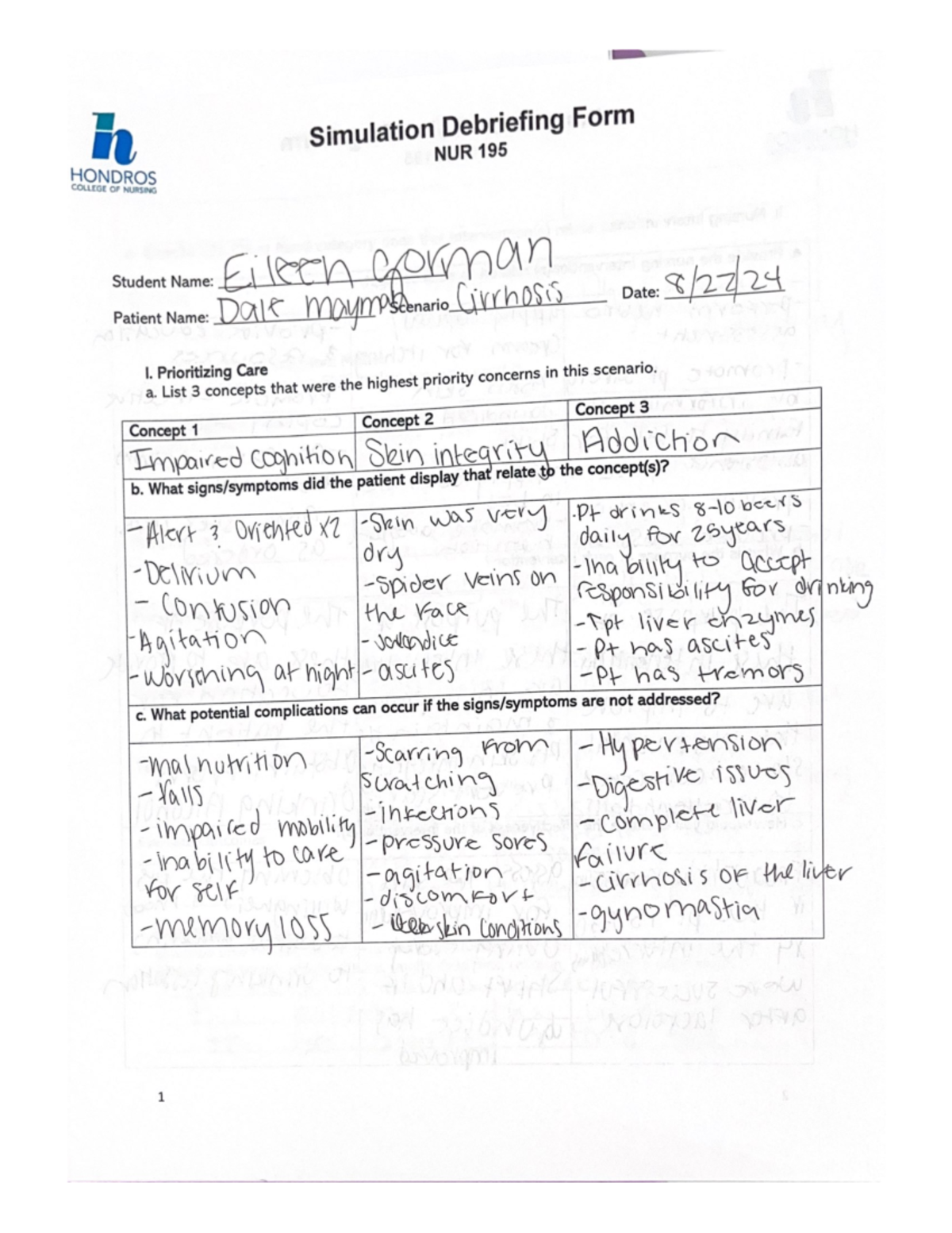 NUR 195 Final Simulation Debriefing: Patient Care for Liver Disease ...