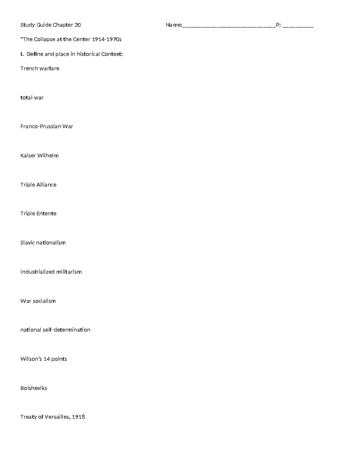 Study Guide: The Collapse at the Center 1914-1970s (Hist 101) - Studocu