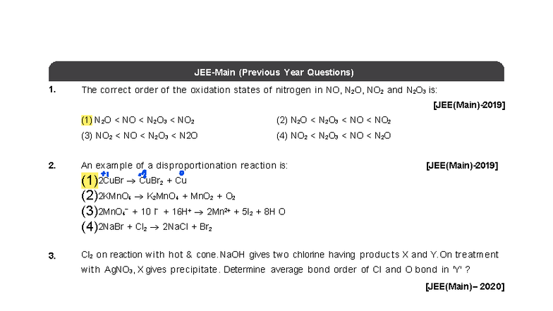 Redox Reaction Assignment: Previous Year Questions and Solutions - Studocu