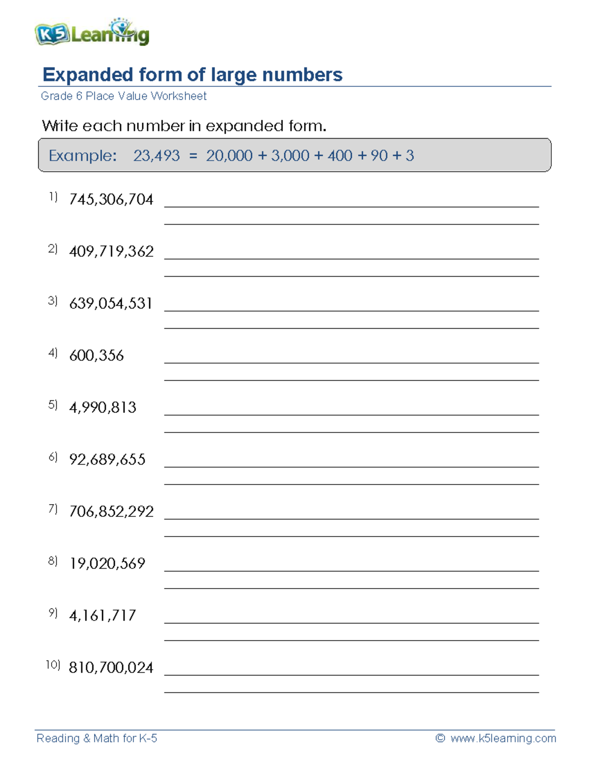 Expanded Form of Large Numbers - Grade 6 Place Value Worksheet - Studocu