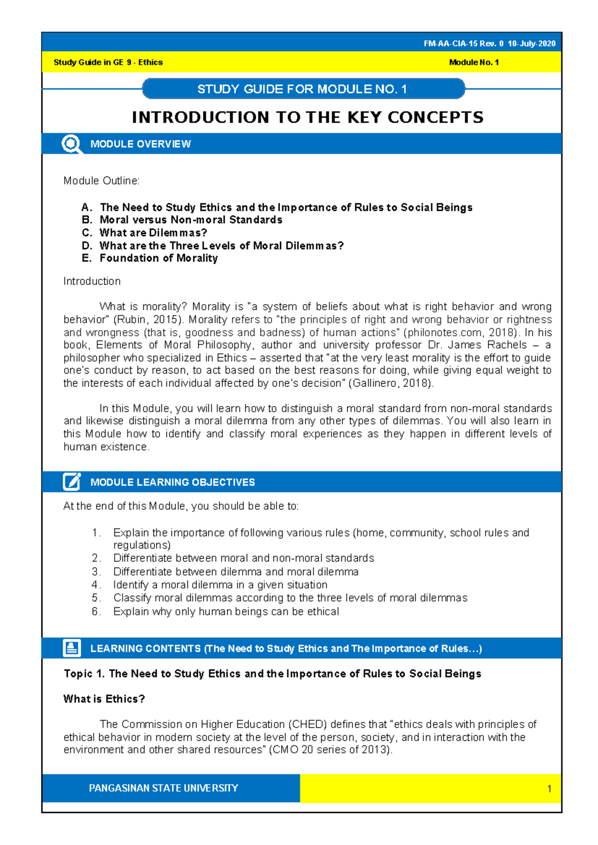 GE 9 Ethics Study Guide: Module 1 - Key Concepts Overview - Studocu