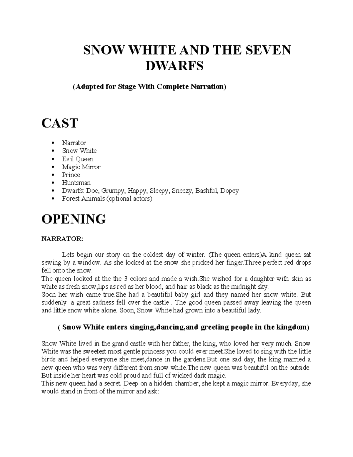 SNOW WHITE AND THE SEVEN DWARFS (Stage Adaptation - Final Version ...