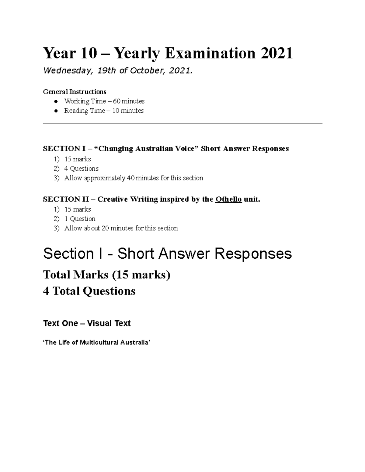 Year 10 English Yearly Exam 2021: Short Answer & Creative Writing Tasks ...