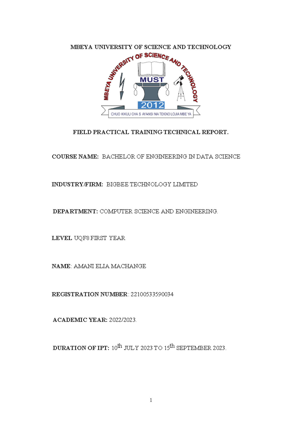 Technical Report - Field Practical Training for BEng in Data Science ...