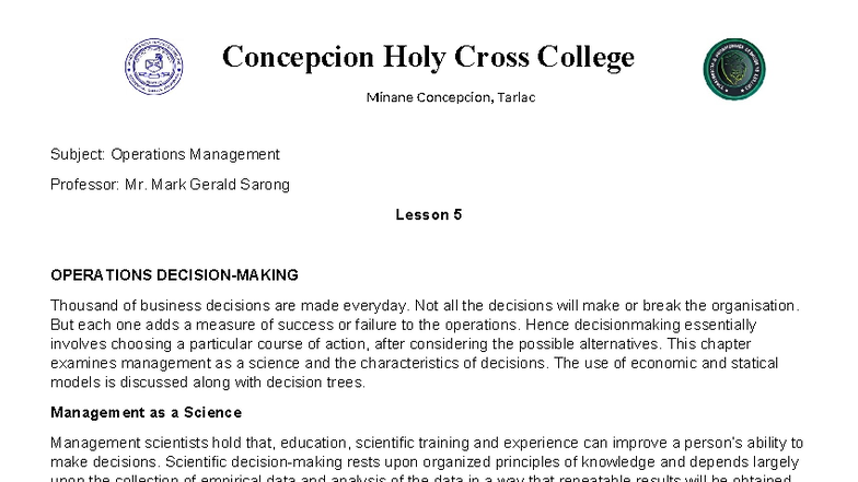 Operations Management Lesson 5: Decision-Making Framework - Studocu