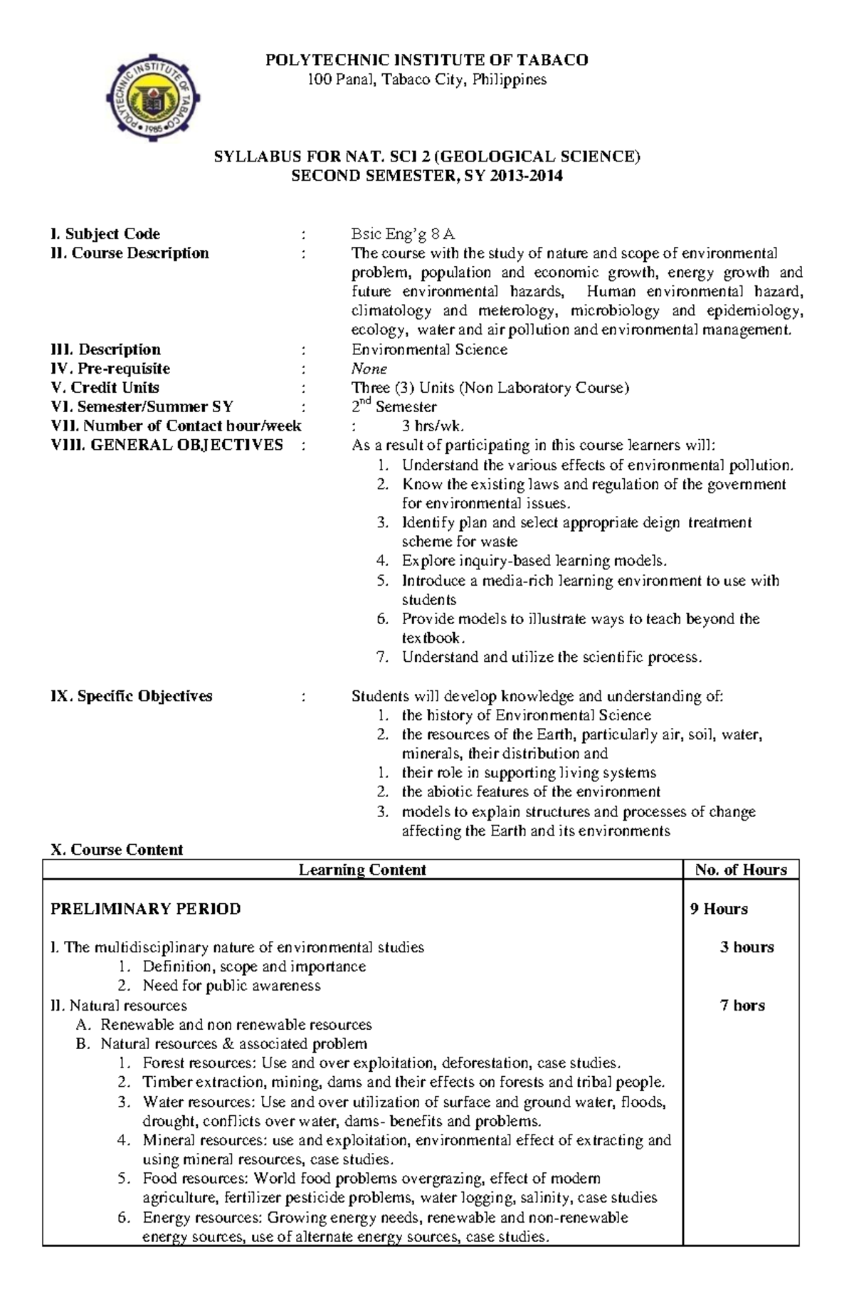 Environmental Science Syllabus for NAT. SCI 2 - 2nd Sem, SY 2013-14 ...