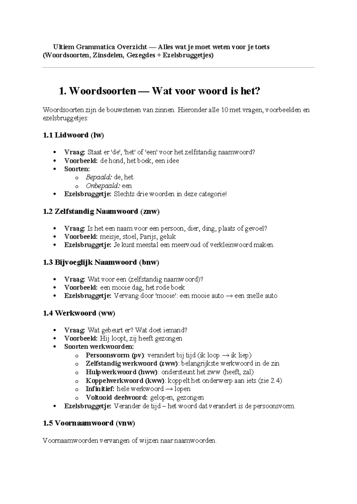 Woordsoorten Overzicht voor Toets (Nederlands) - Essentiële ...