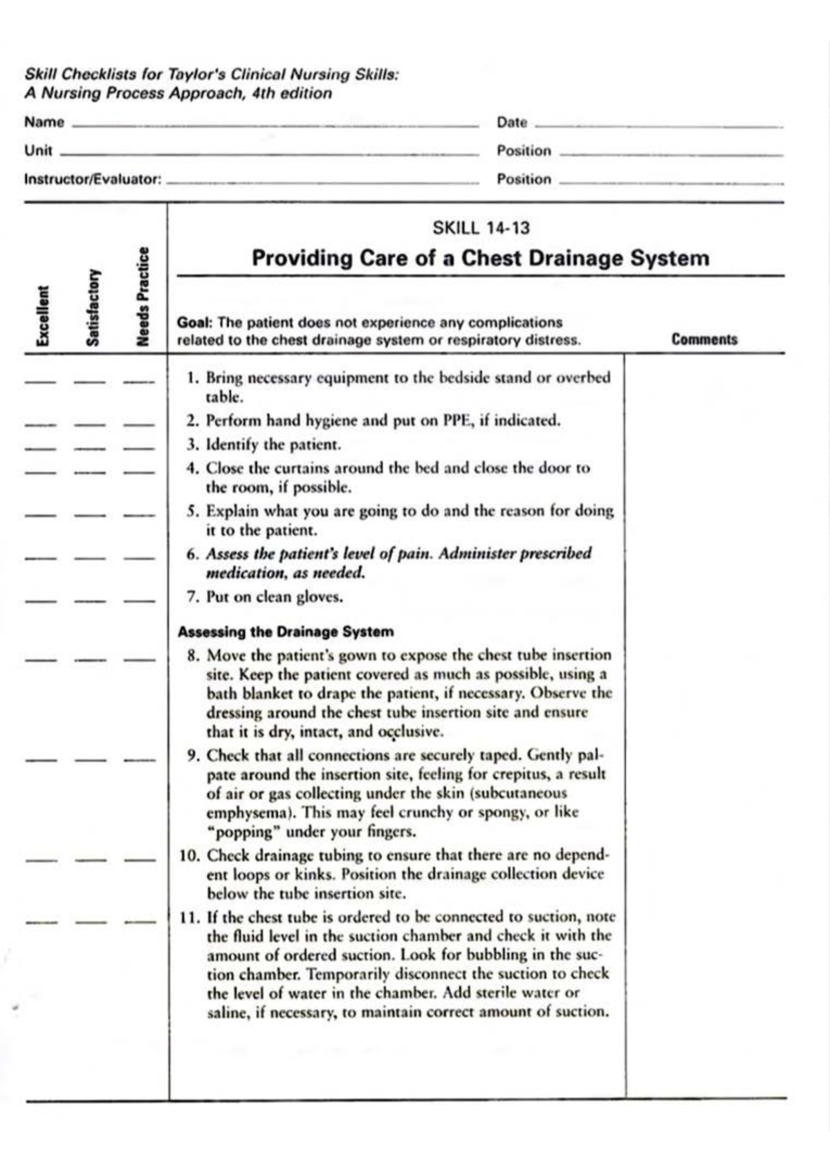 CTT-Checklist: Clinical Nursing Skills for Chest Drainage Care - Studocu