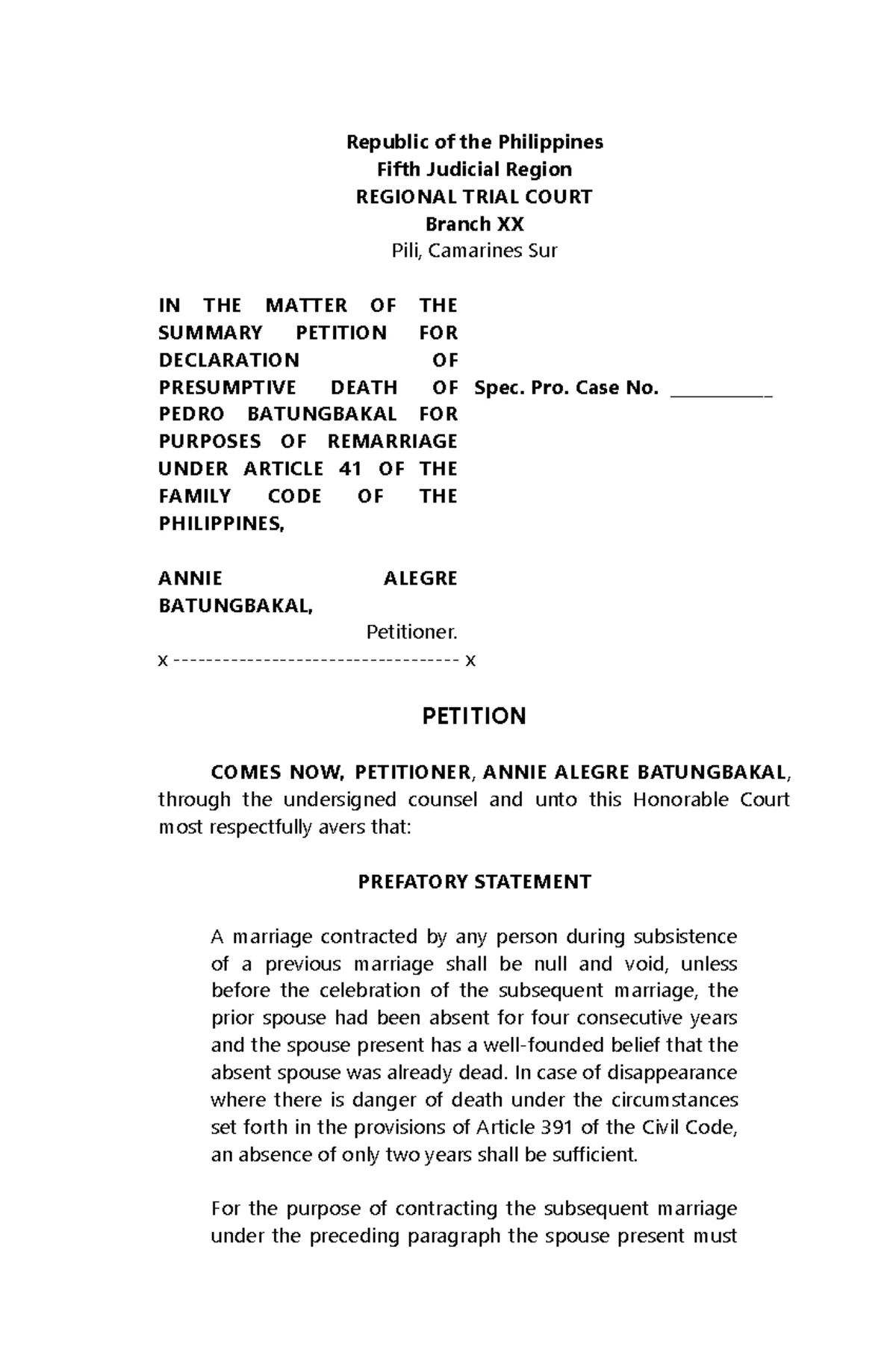 Petition for Declaration of Presumptive Death under Article 41 - Case ...