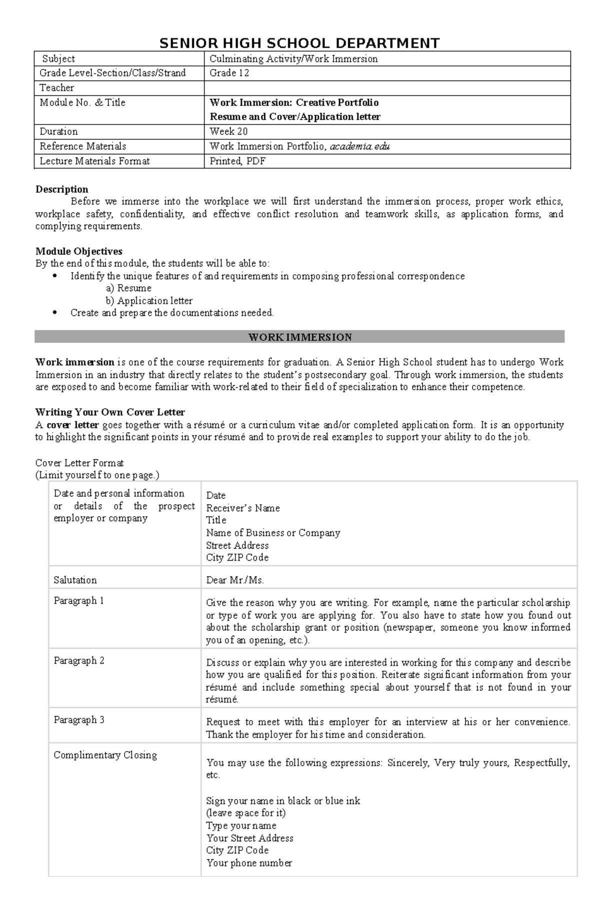 Culminating Activity Work Immersion-Module 2 - SENIOR HIGH SCHOOL ...