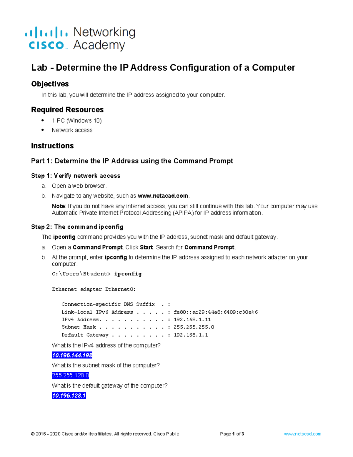 2.2.7 Lab - Determine IP Address Configuration of a Computer Josh ...