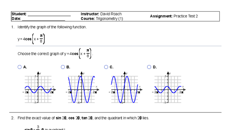 Trigonometry (1) Final Exam: Solutions & Radian/Degree Expressions ...