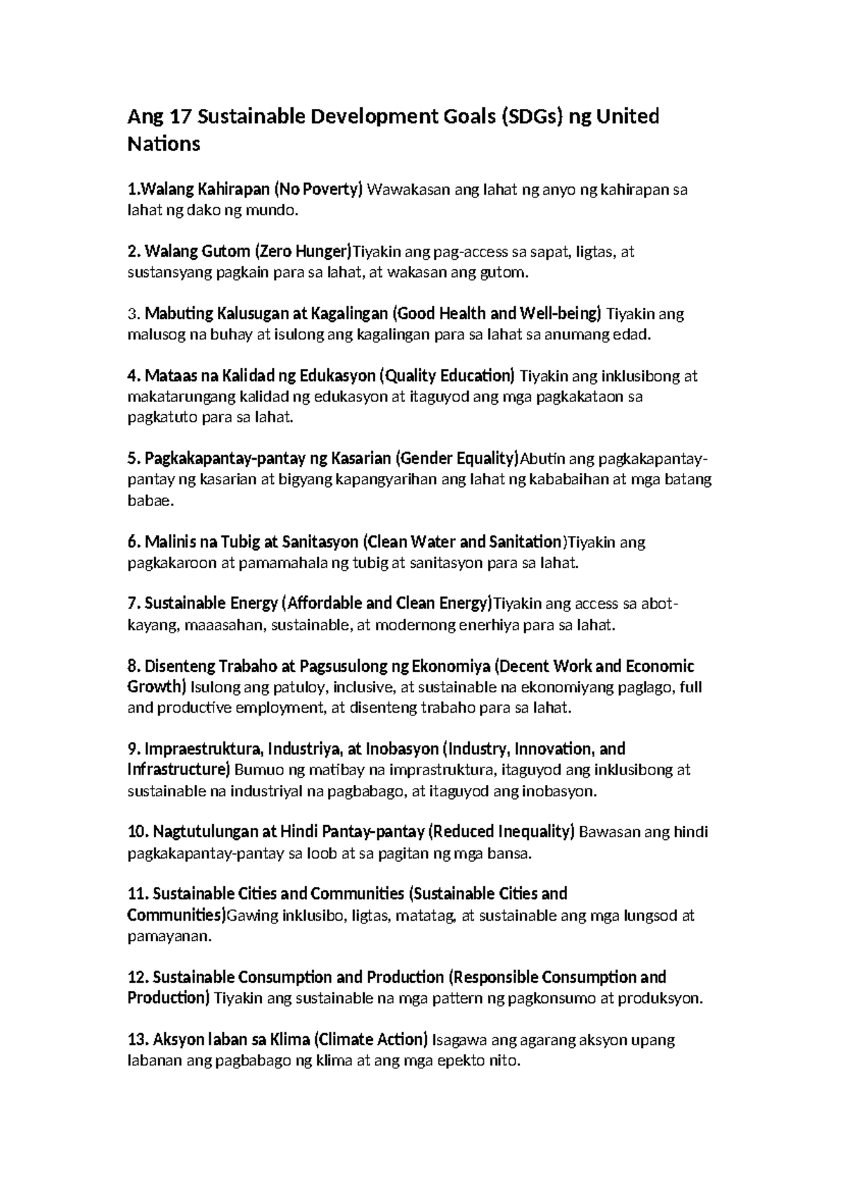 Ang 17 Sustainable Development Goals (SDGs) ng U.N. - Buod at mga ...