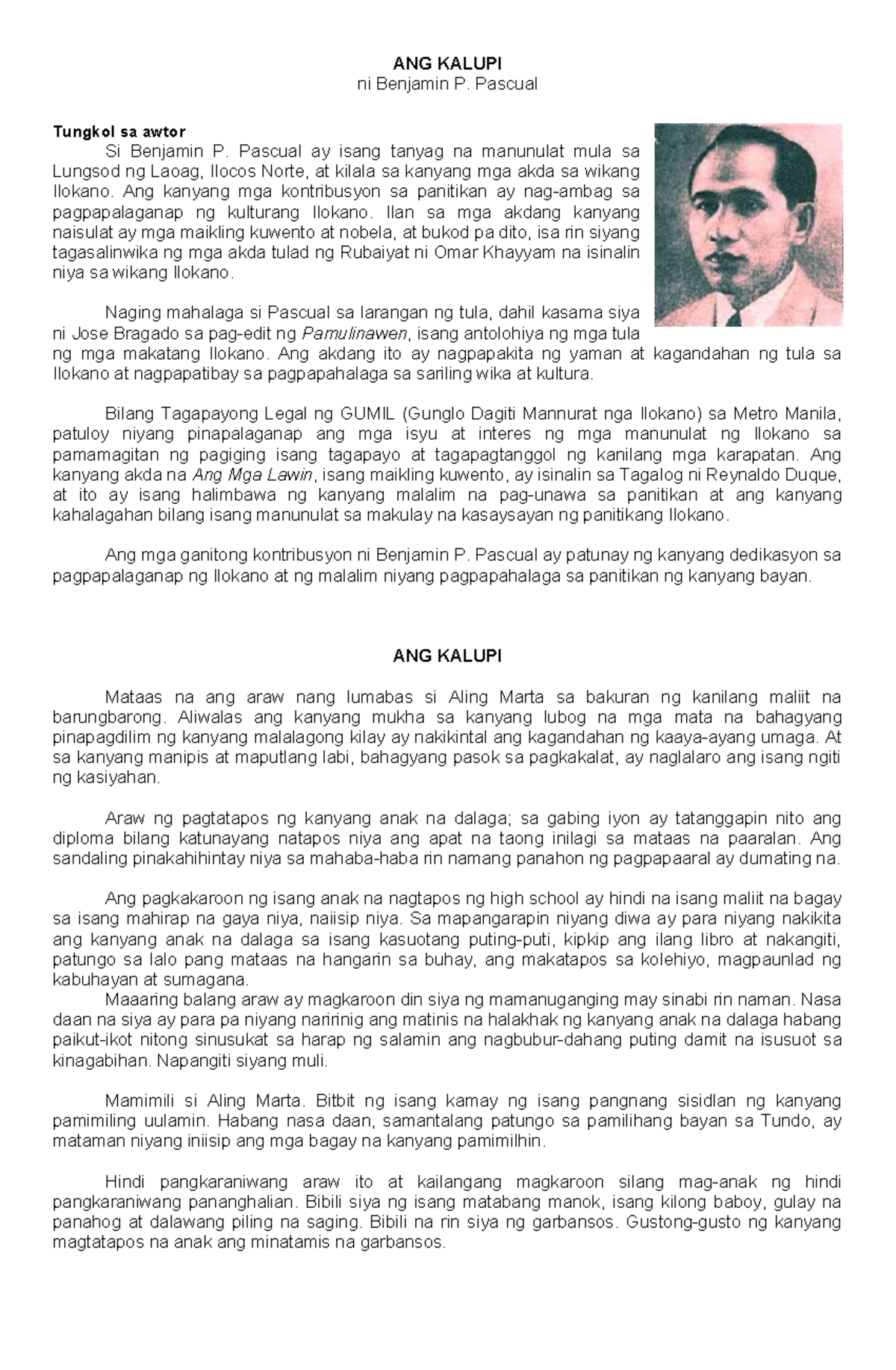 ANG KALUPI ni Benjamin P. Pascual: Isang Pagsusuri sa Kahalagahan ng ...