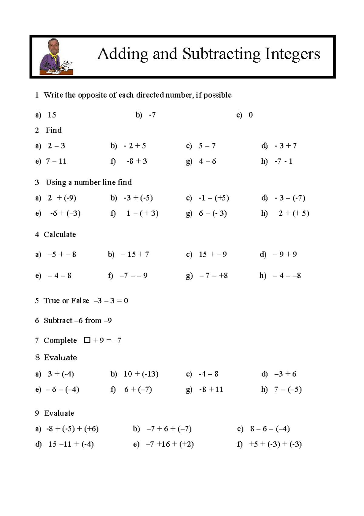 Adding and Subtracting Integers: Opposites and Evaluations - Studocu