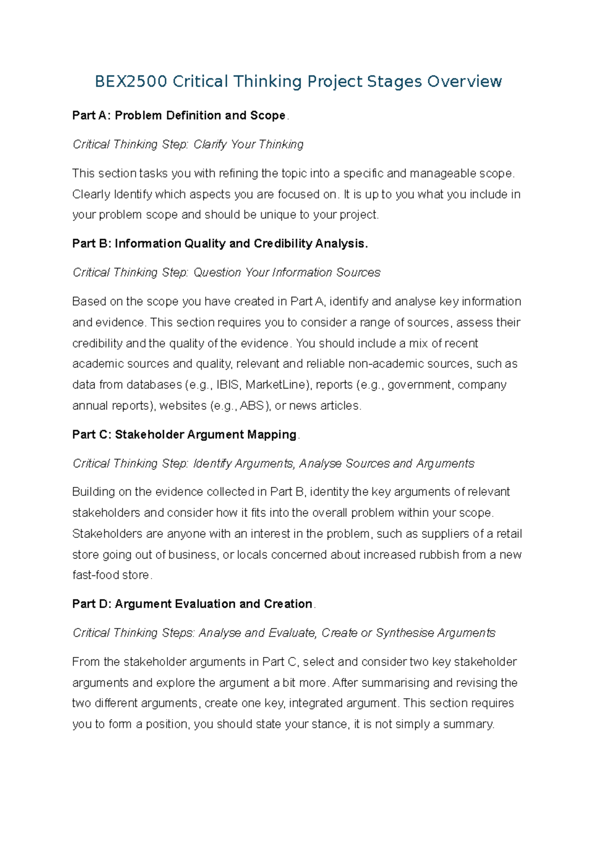 BEX2500 Critical Thinking Project Stages: Problem Definition & Analysis ...