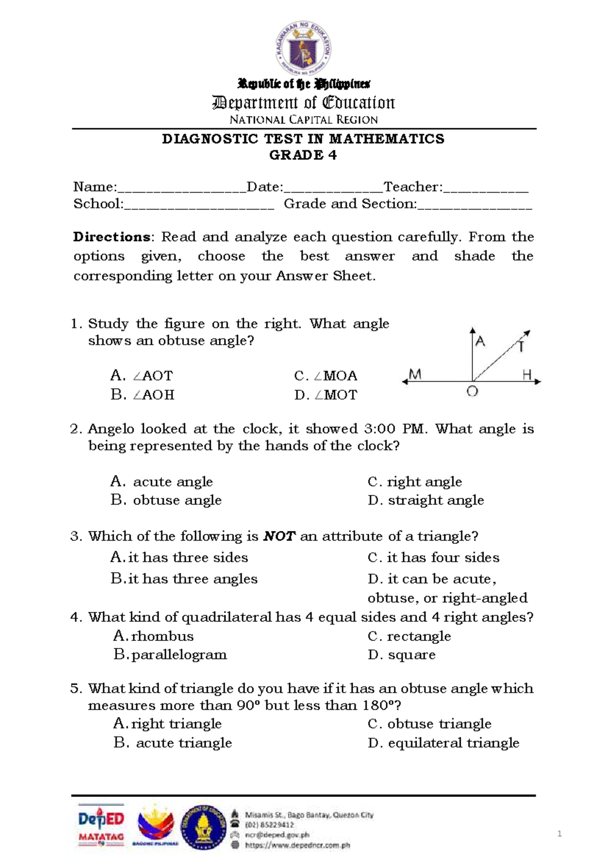 Diagnostic Test in Mathematics G4 - Republic of the Philippines - Studocu