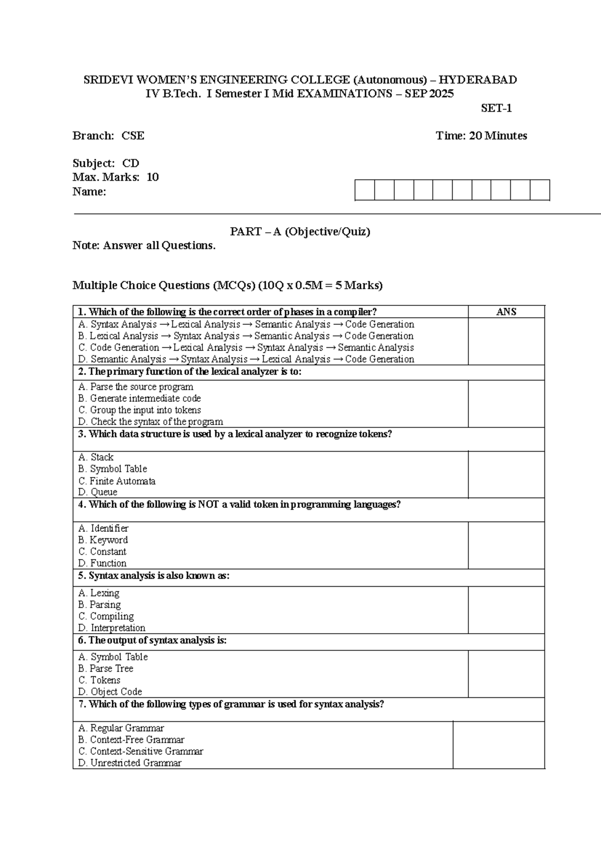CD CSE IV B.Tech I Sem Mid Exam Questions - September 2025 - Studocu