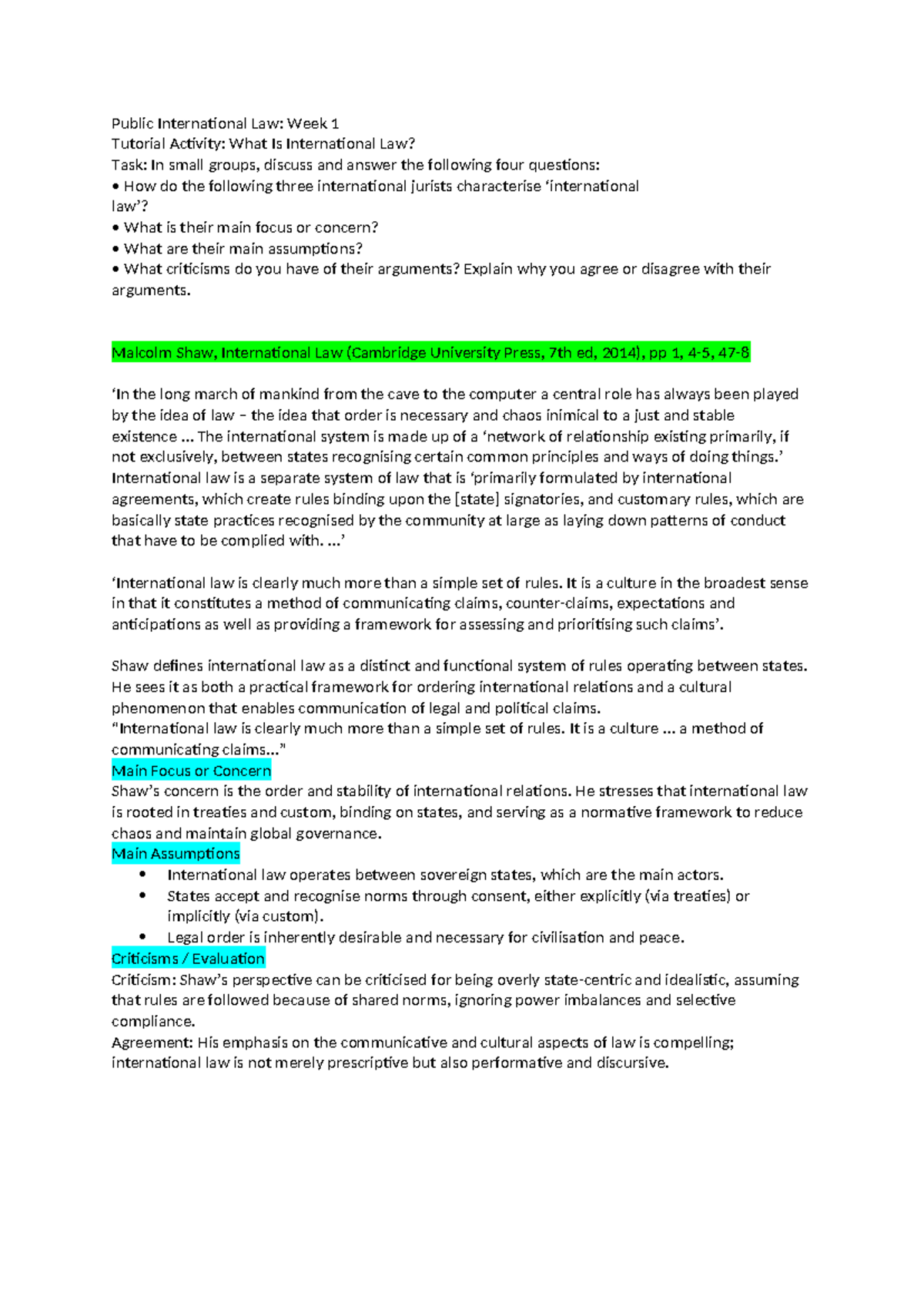 Public International Law: Week 1 Tutorial on Key Jurists' Perspectives ...