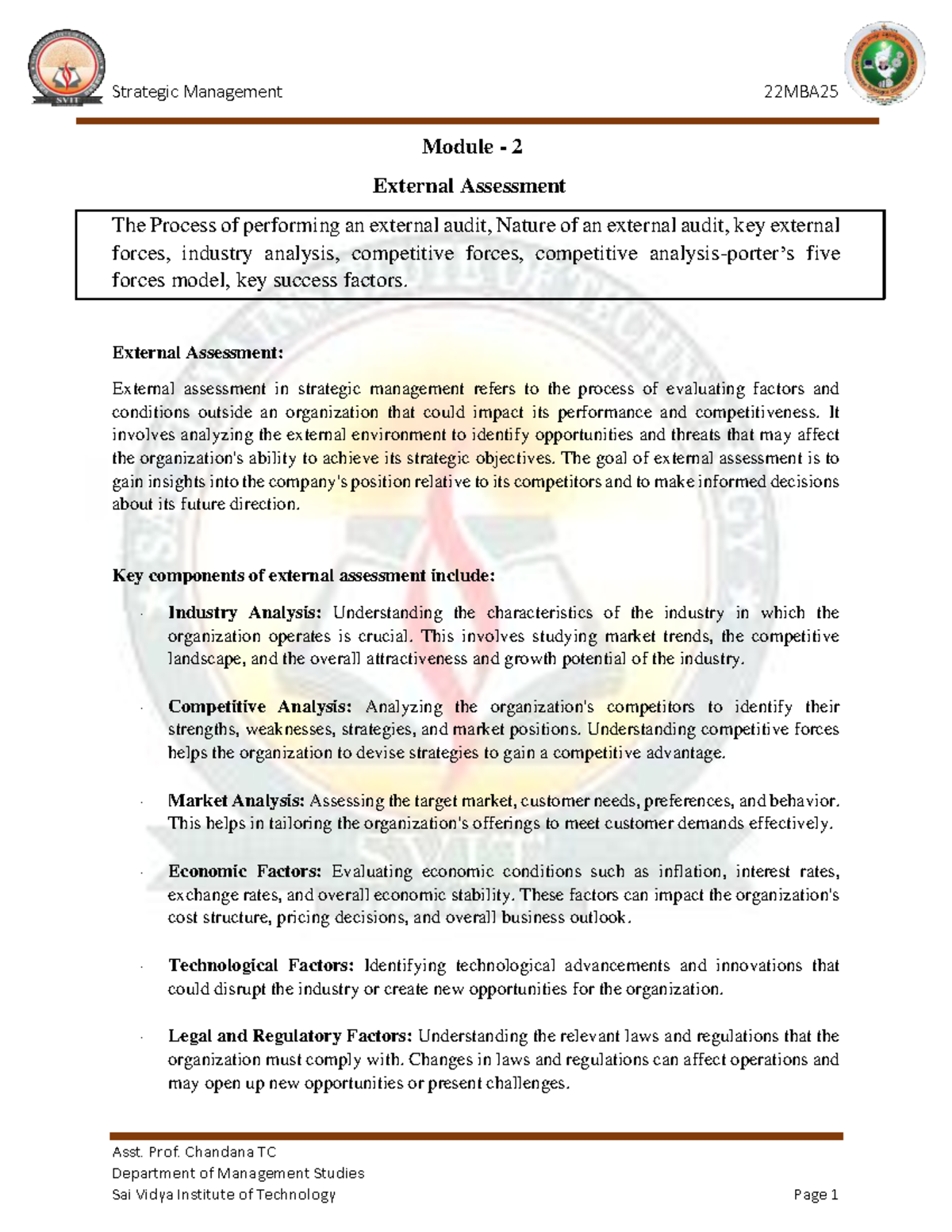 Strategic Management 22MBA25: Module 2 External Assessment Notes - Studocu