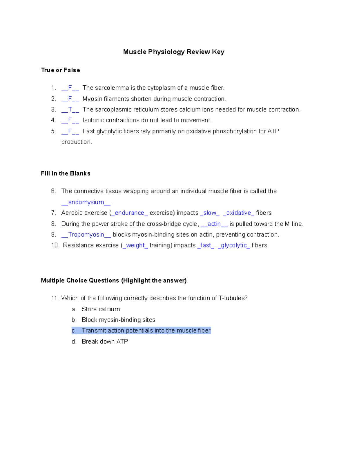 Muscle Physiology Review Key and Concepts (BIO 101) - Studocu