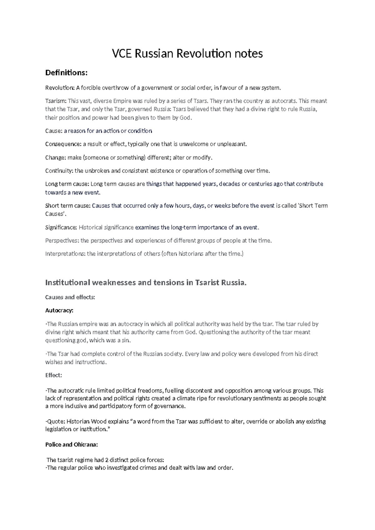 VCE Revolutions: Detailed Notes on the Russian Revolution - Studocu