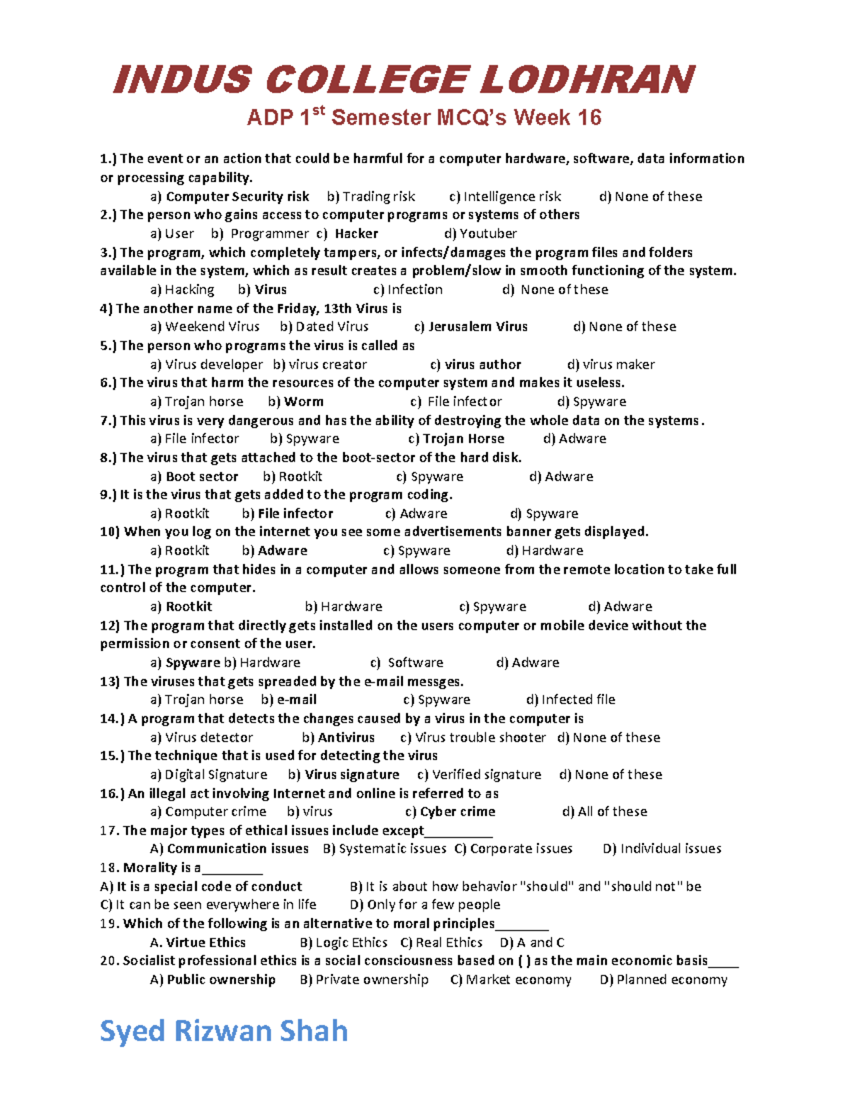 Week 16 MCQ's Notes - INDUS COLLEGE LODHRAN ADP 1 st Semester MCQ’s ...