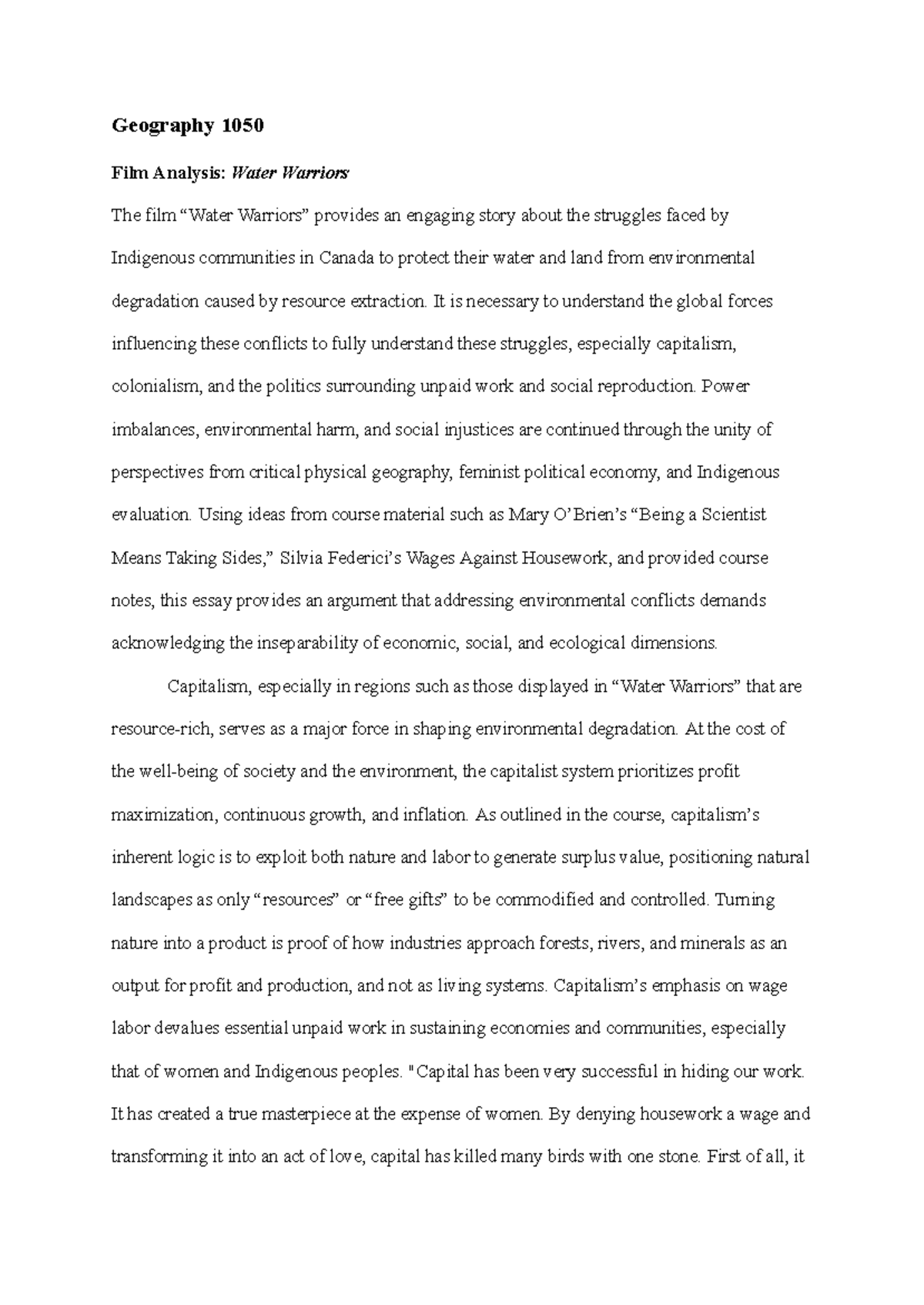 Geography 1050 Essay: Analyzing "Water Warriors" and Environmental ...
