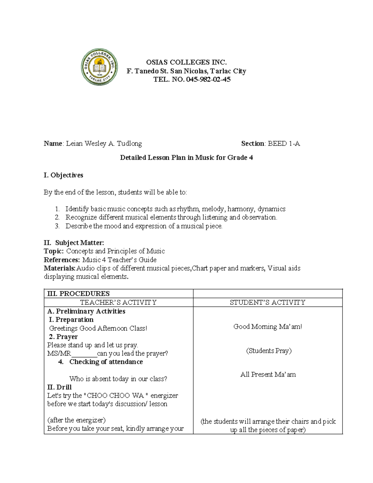 Lesson plan in music - n/a - OSIAS COLLEGES INC. F. Tanedo St. San ...