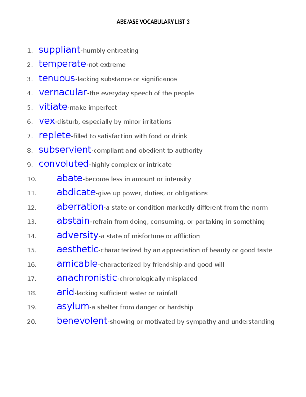ABE-ASE Vocabulary List for Week 3: Key Terms and Definitions - Studocu