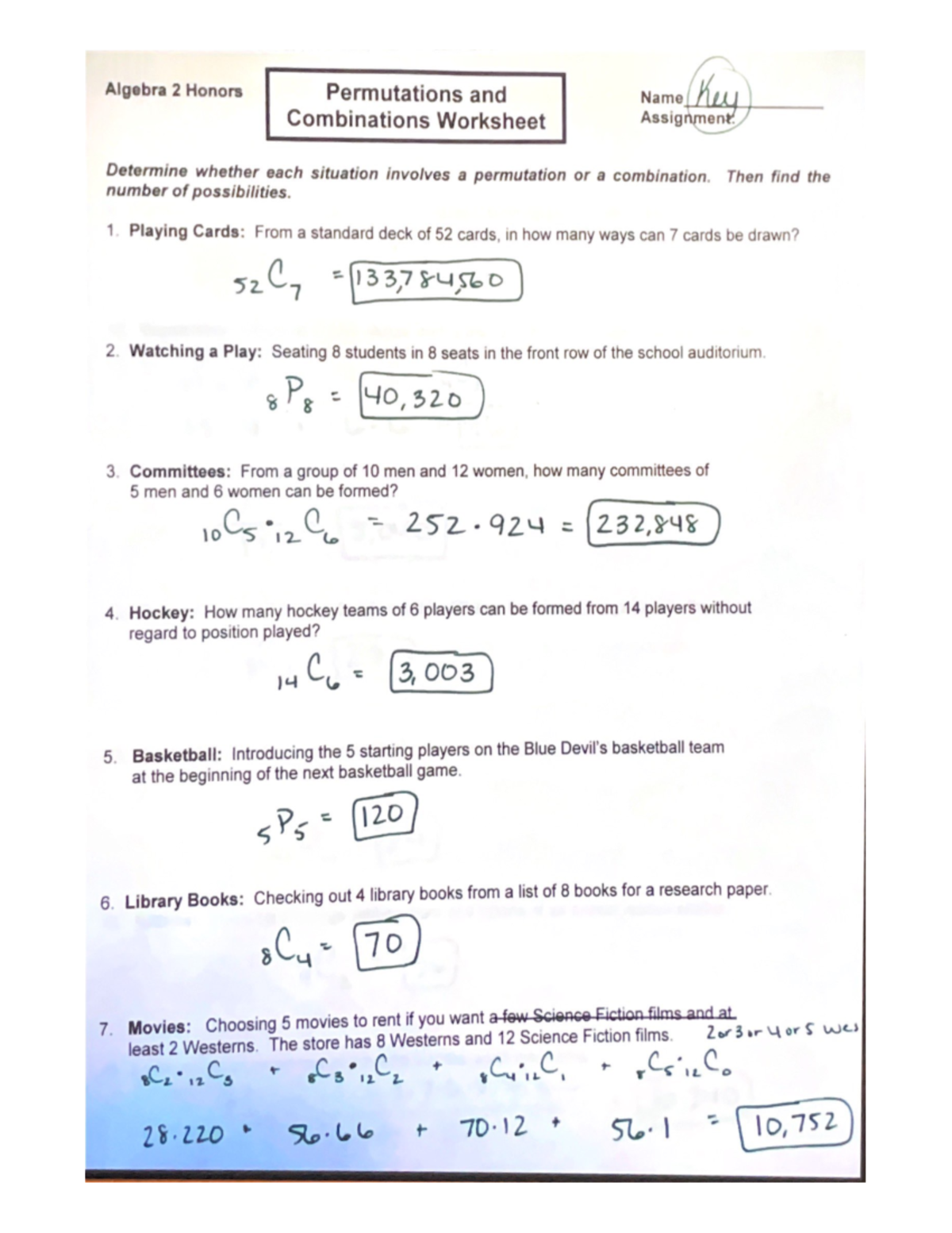Algebra 2 Honors - Permutations and Combinations Worksheet - Studocu