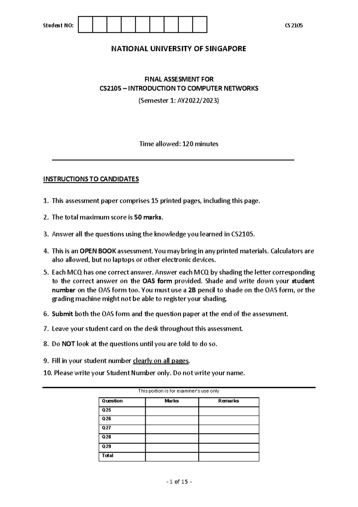 CS2105 Final Assessment: Introduction to Computer Networks - Studocu