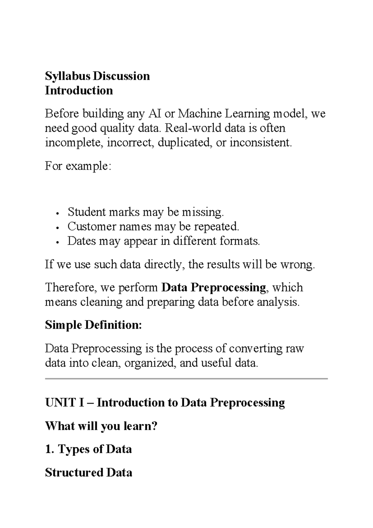 Data Preprocessing Overview for AI & ML Models (CS101) - Studocu