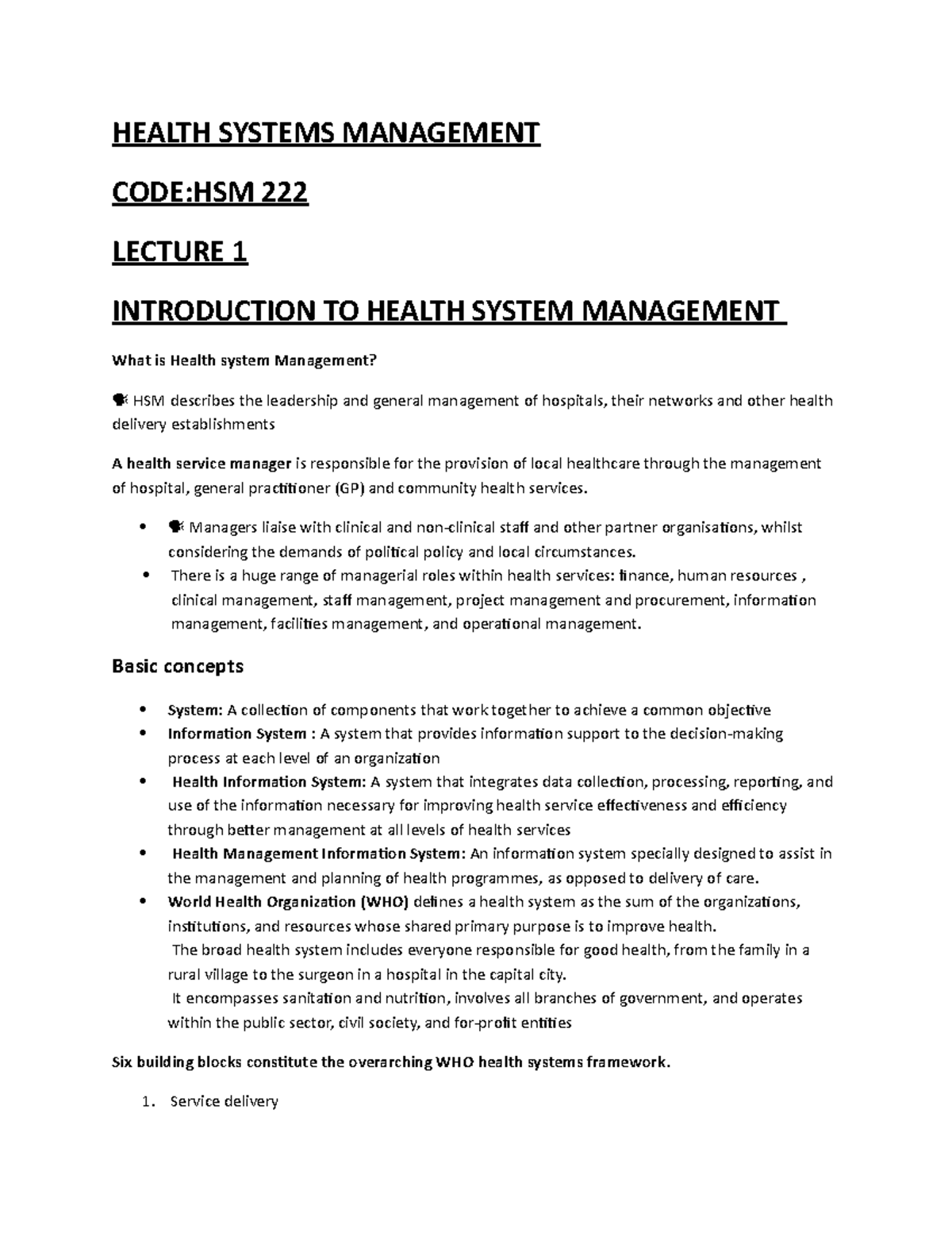 HSM 222 Health Systems Management Lecture Notes and Concepts - Studocu