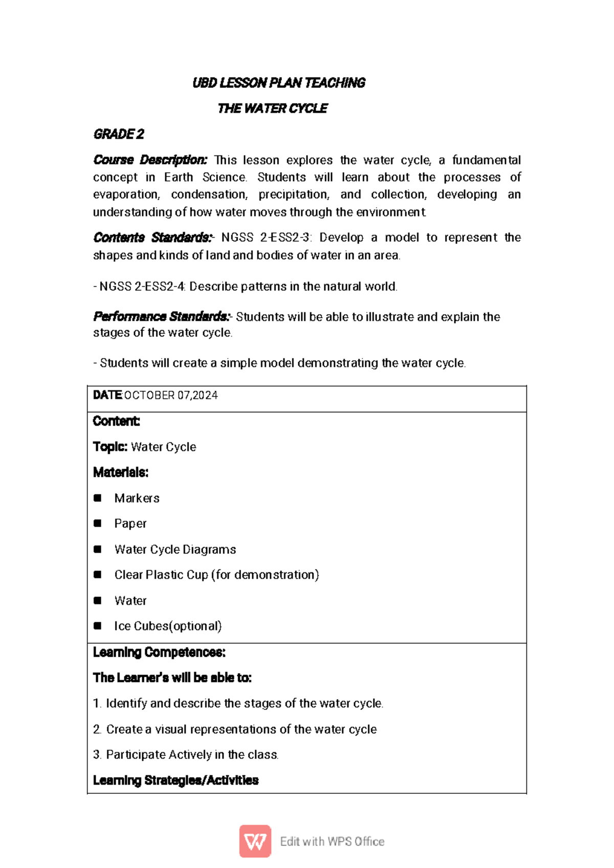 Grade 2 UBD Lesson Plan: The Water Cycle Exploration - Studocu