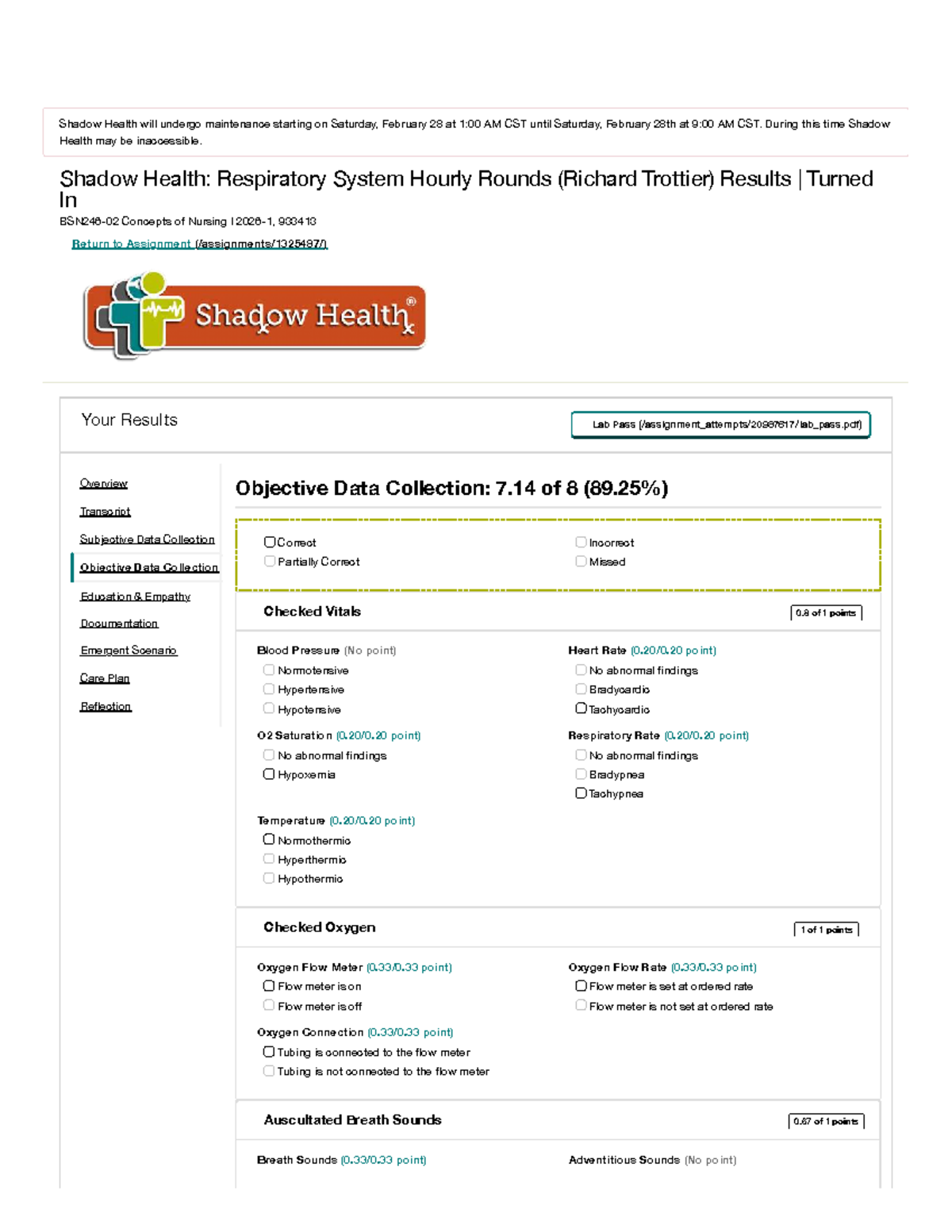 Shadow Health: Respiratory System Hourly Rounds (Nursing I 933413 ...