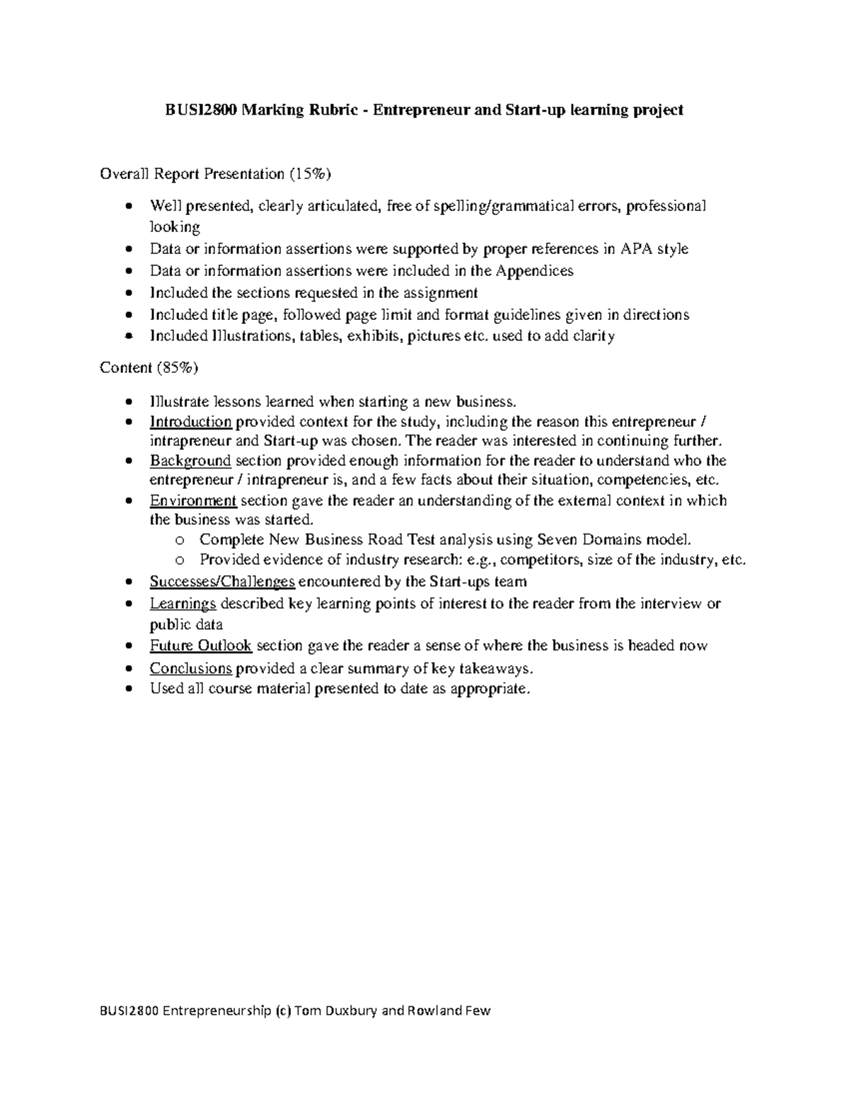 BUSI2800D W21 Entrepreneurship - Entrepreneur Project Marking Rubric ...