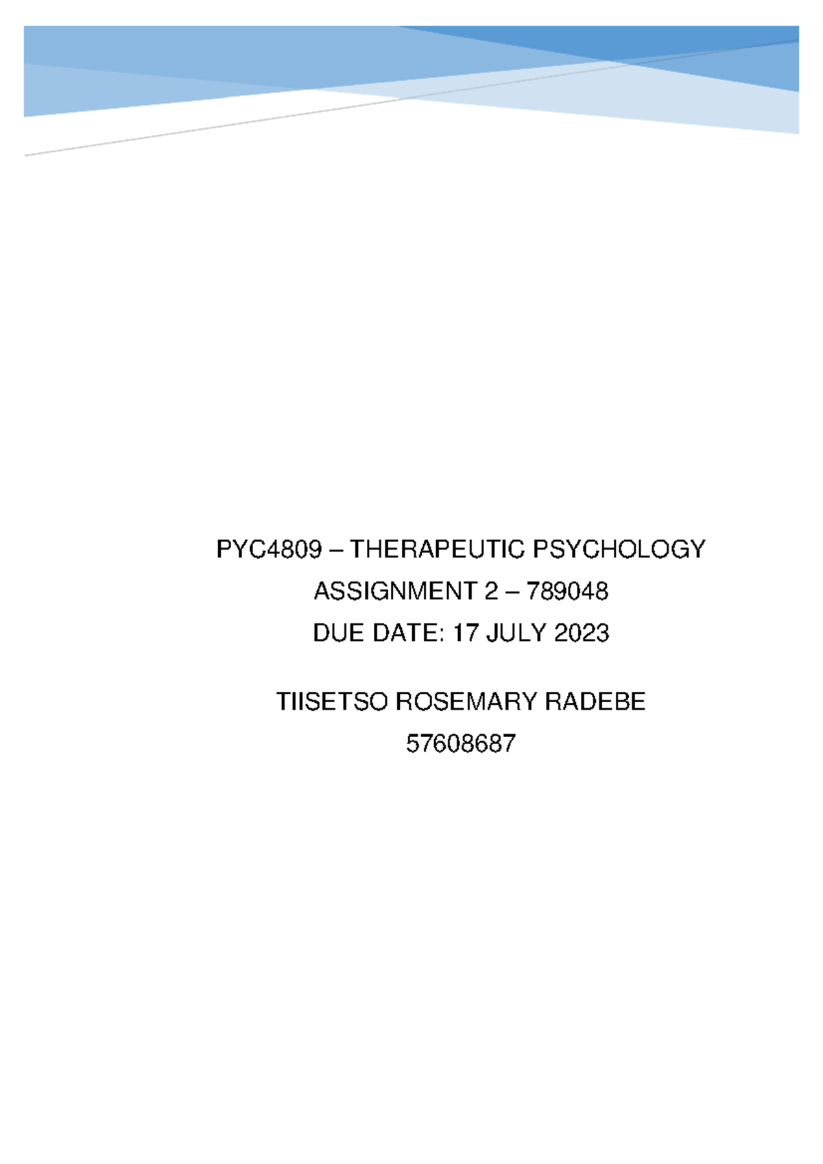 PYC4809 - Assignment 2: Person-Centred Therapy Exploration - Studocu