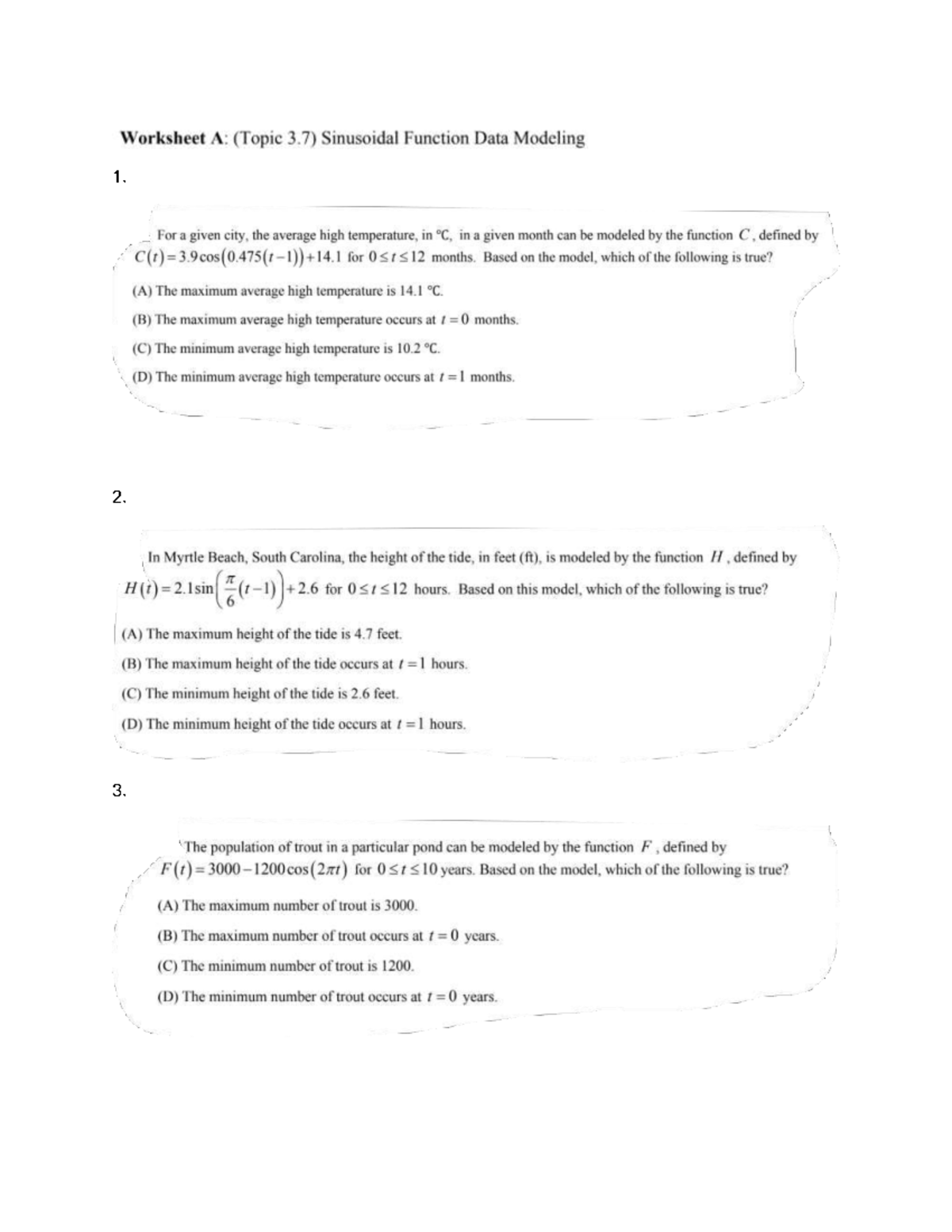 AP Precalc 3.7 Worksheet: Sinusoidal Functions & Data Modeling - Studocu
