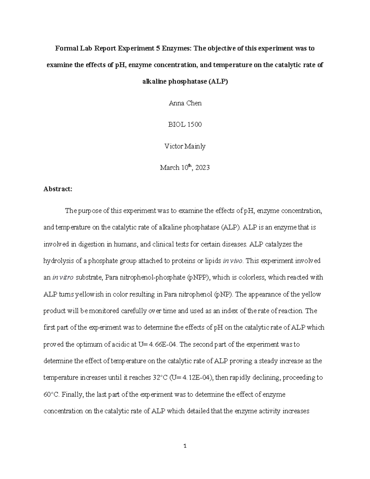 Formal Lab report 5- enzymes - Formal Lab Report Experiment 5 Enzymes ...