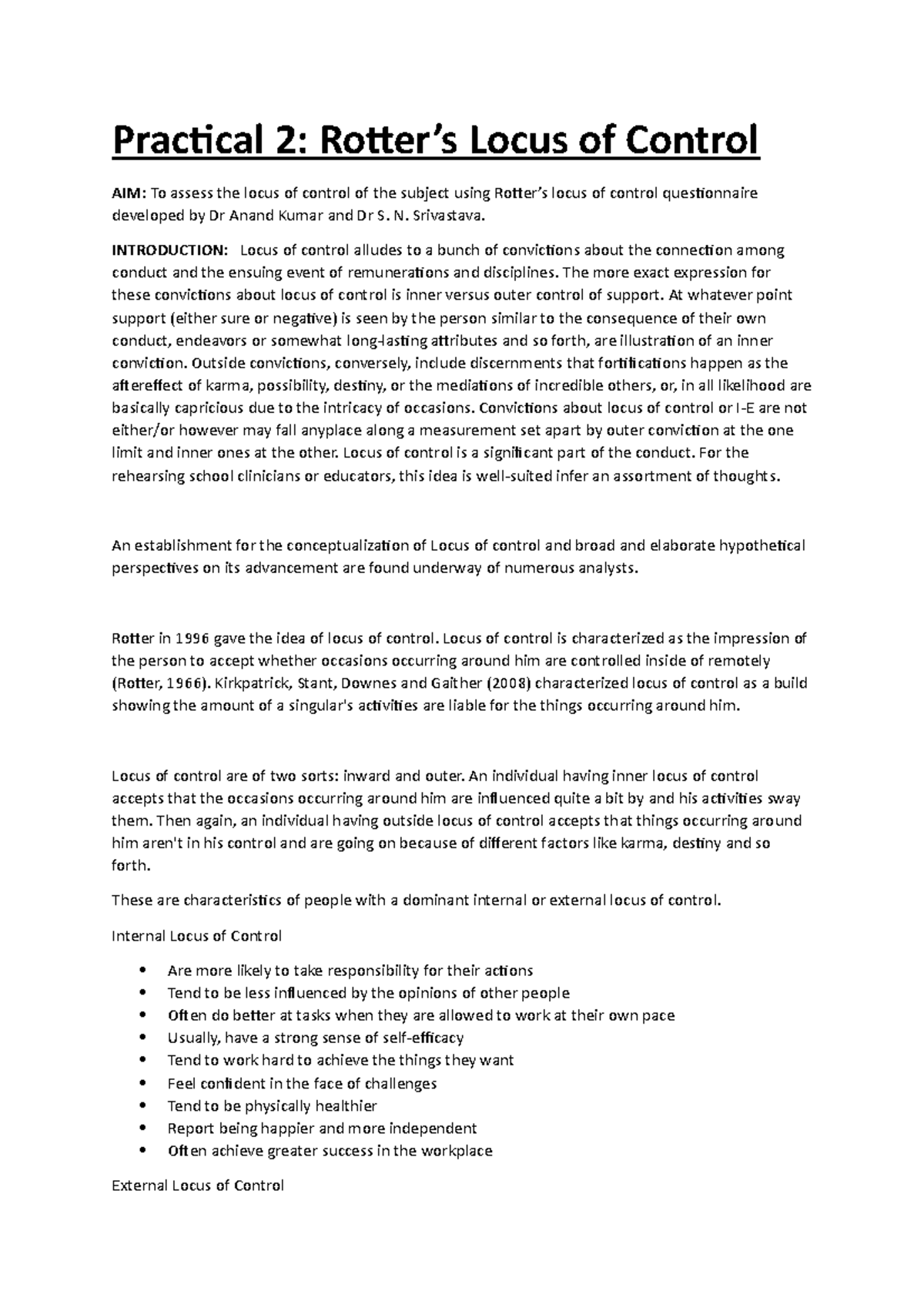 Rotters Locus of Control - Practical 2: Rotter’s Locus of Control AIM ...