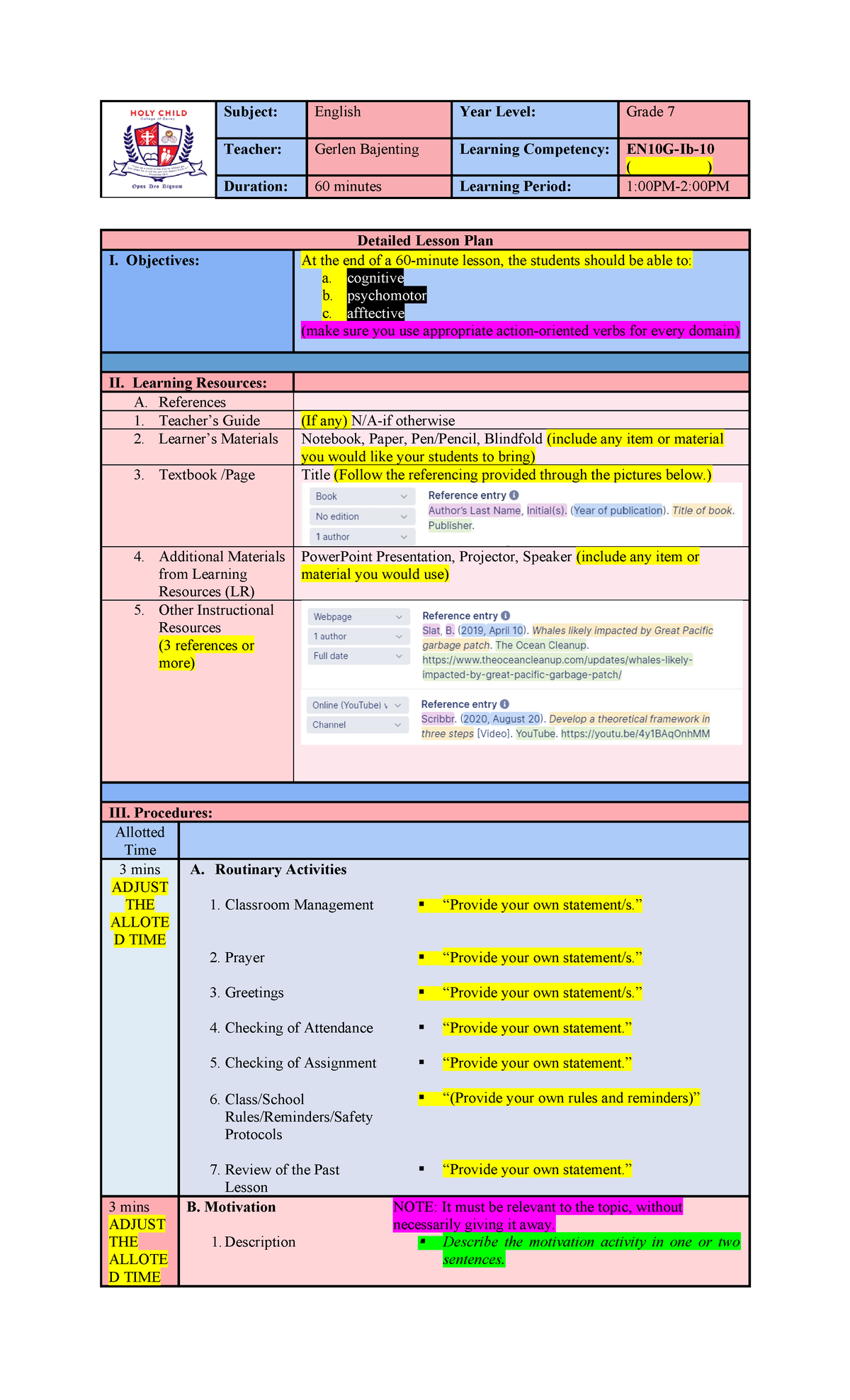 LP 1S 24-25 - lesson plan guide - Subject: English Year Level: Grade 7 ...