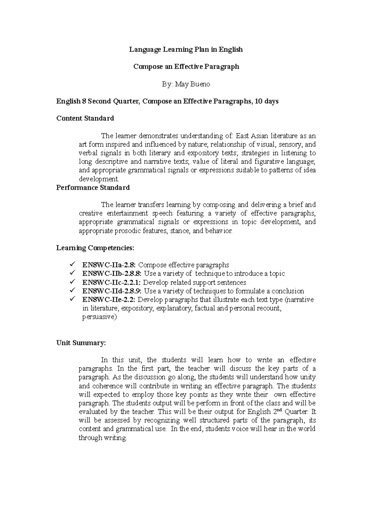 Bueno Learning PLAN - Language Learning Plan in English Compose an ...