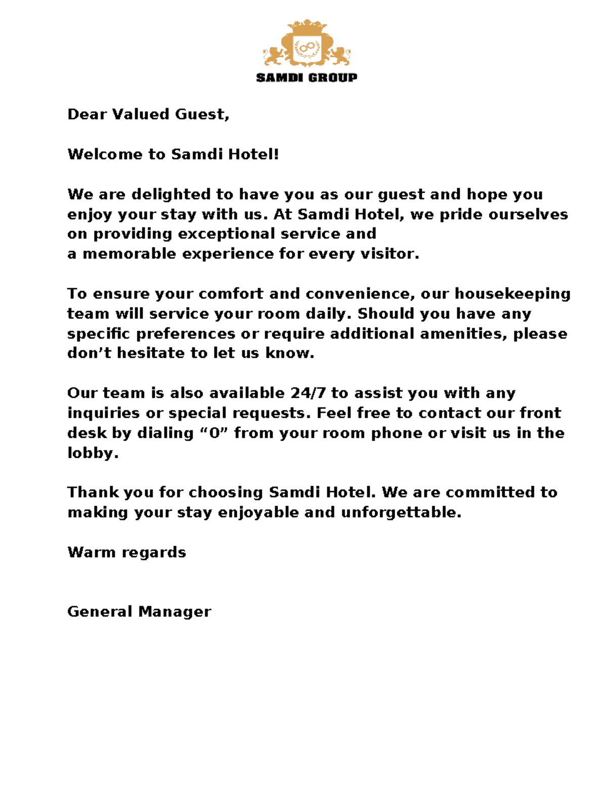 Welcome letter - Dear Valued Guest, Welcome to Samdi Hotel! We are ...