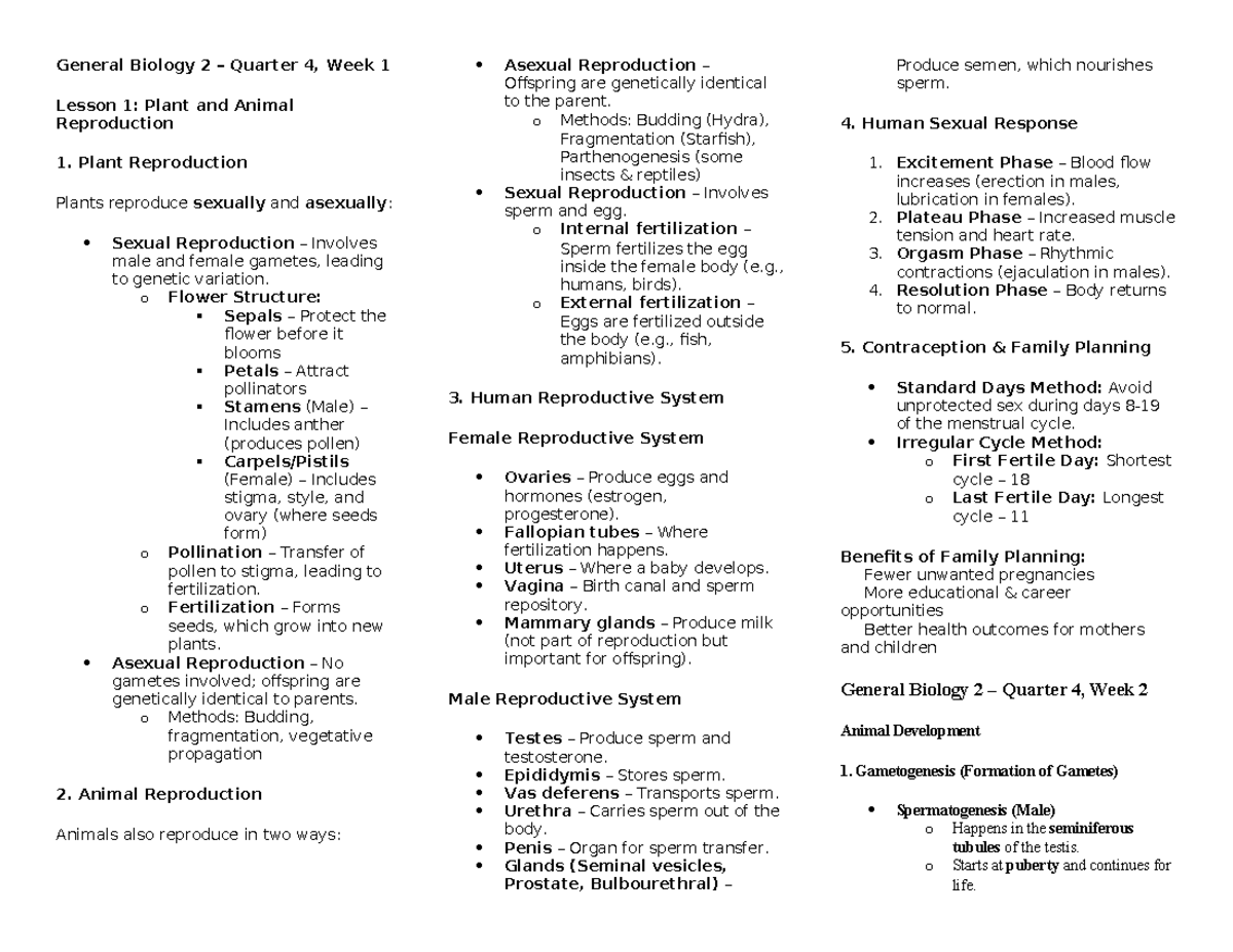 General Biology 2 Quarter 4, Week 1 & 2: Reproduction & Development ...