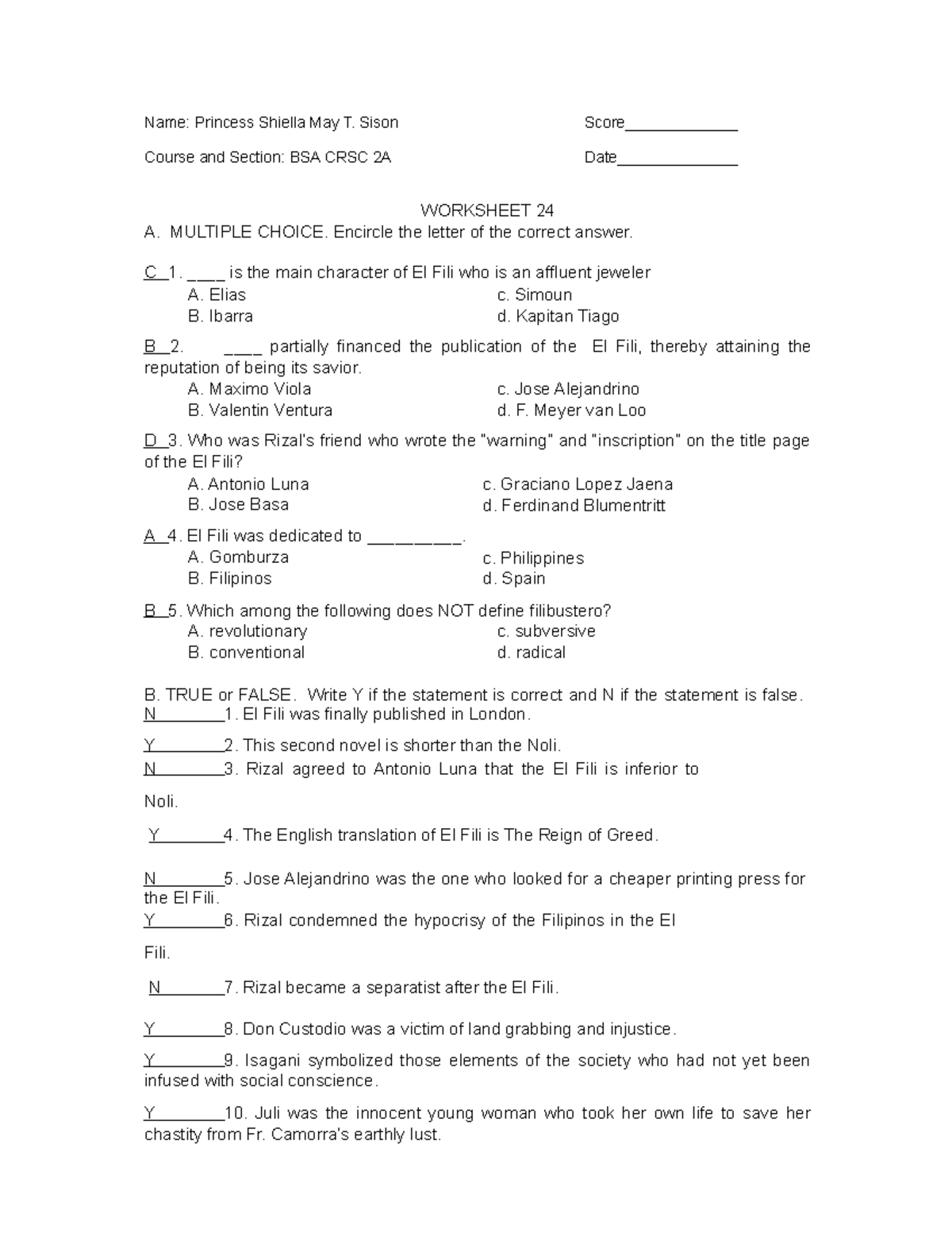 BL 8 Worksheets 24-27: Understanding El Filibusterismo Themes - Studocu
