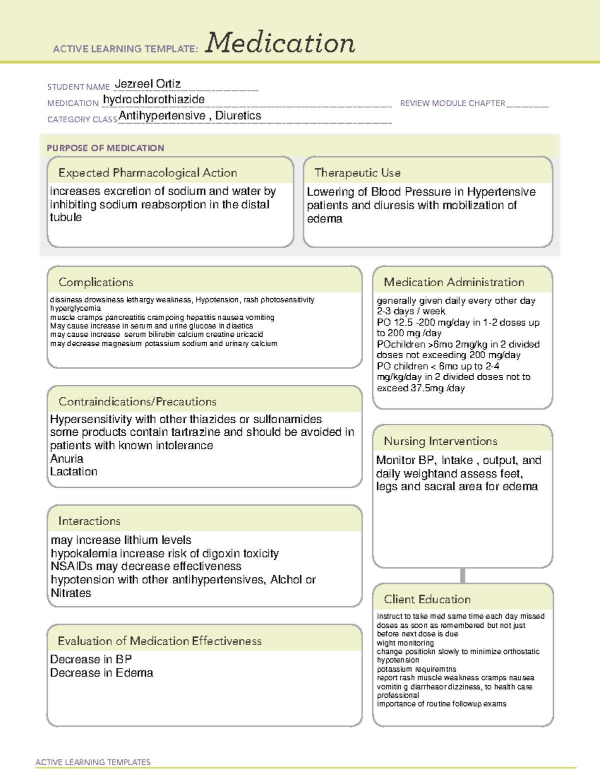 Hydrochlorothiazide: ATI Medication Template & Pharmacology Overview ...